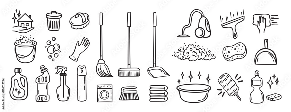 Cleaning kit equipment doodle hand drawn icon set. Outline drawing ...