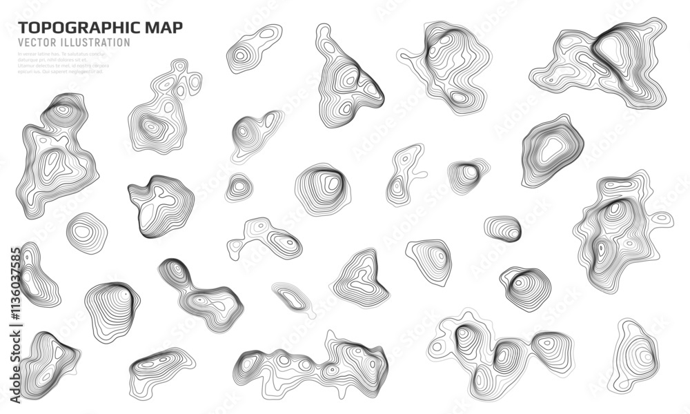 Set of geographic contour map elements with wavy geometric texture ...