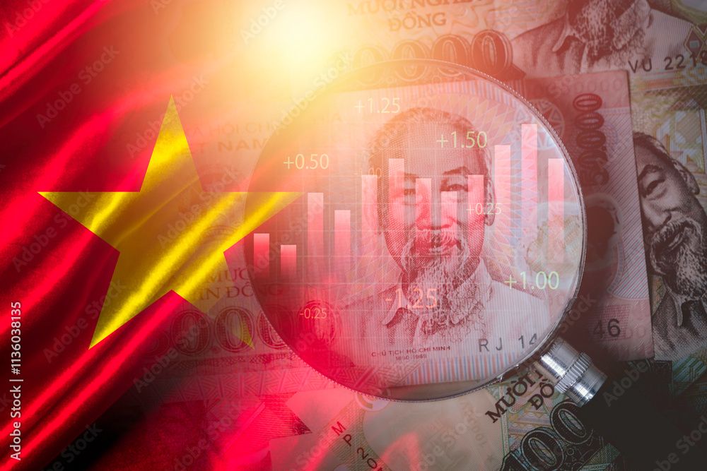 Double exposure among of Dong banknotes with stock market graph chat ...