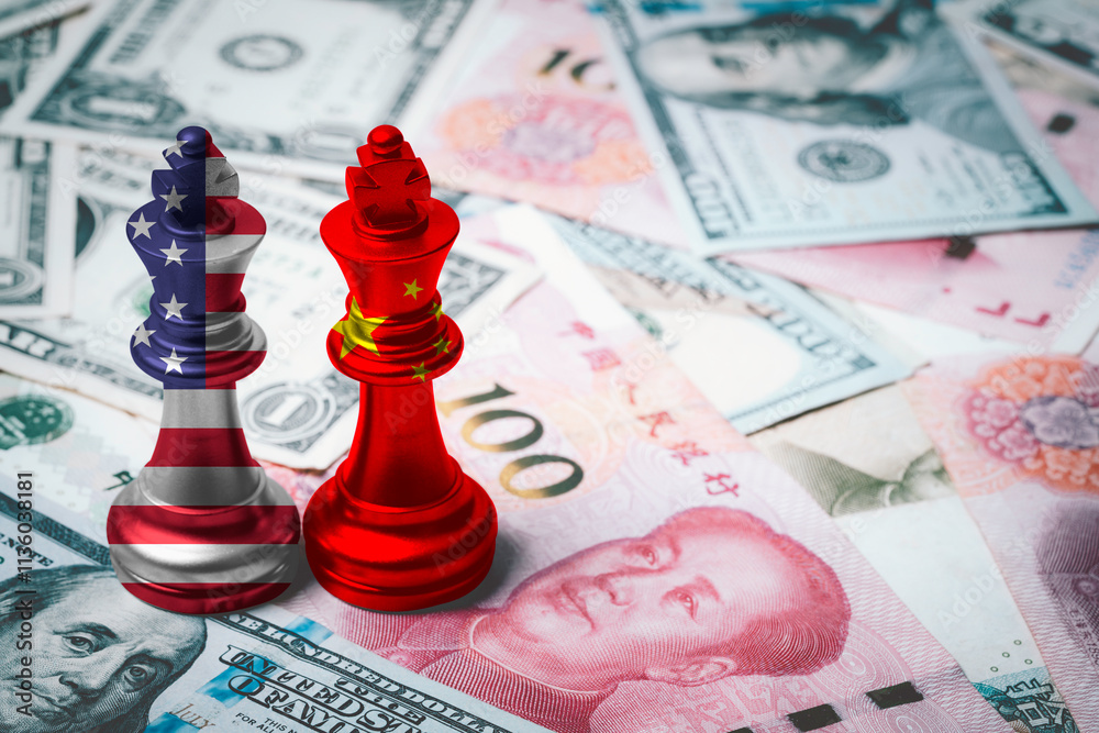 USA pawn and China pawn chess on US dollar and Yuan banknote which is ...