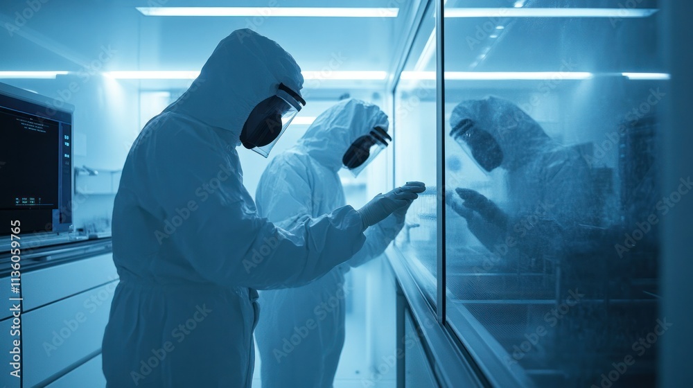 Cleanroom environment where biotechnologists in full-body suits handle ...