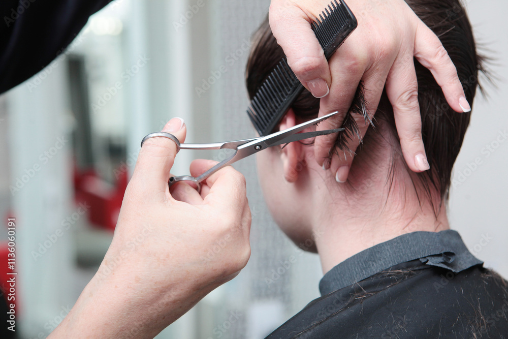 Barbershop. Close-up of man's haircut. Master of barbershop makes ...