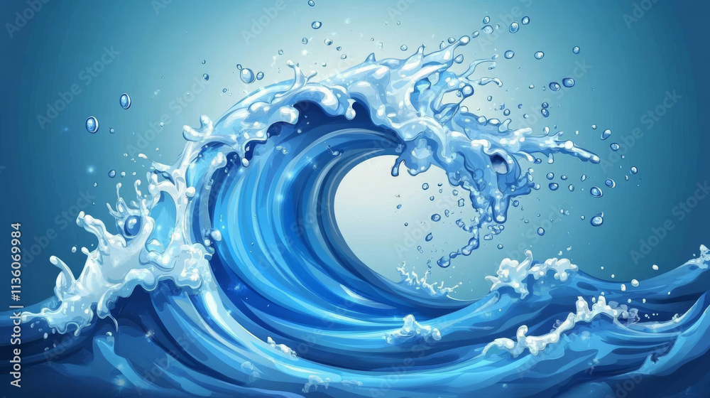 Ilustración de Stock Cartoon water splash and surf wave. Cute comic sea ...