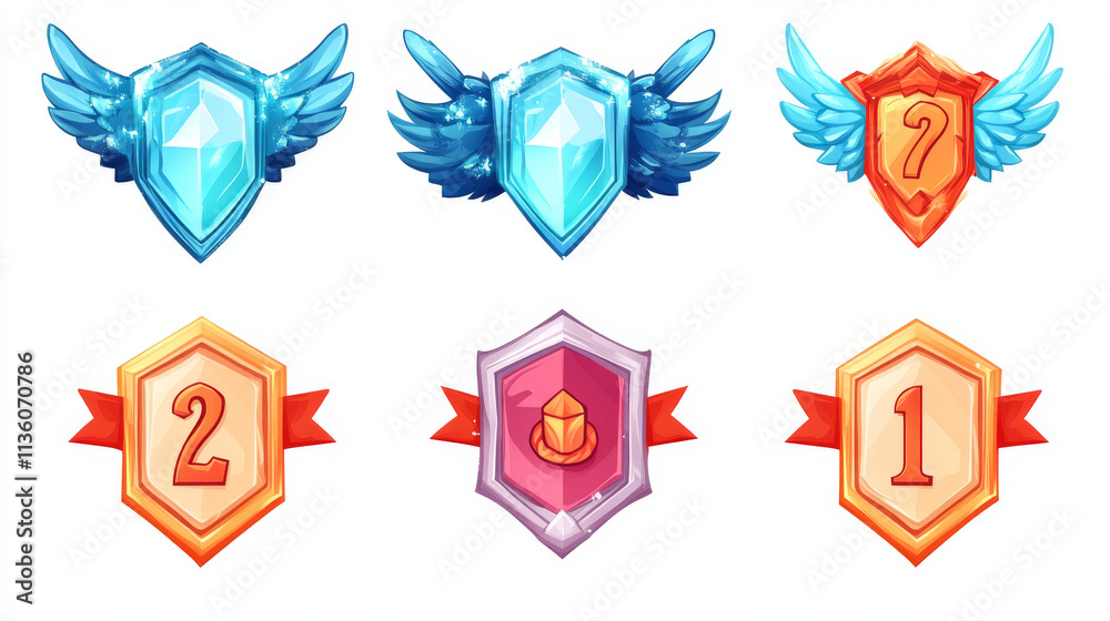 Game ice badges with level number. Achievement rank emblems, frozen ...