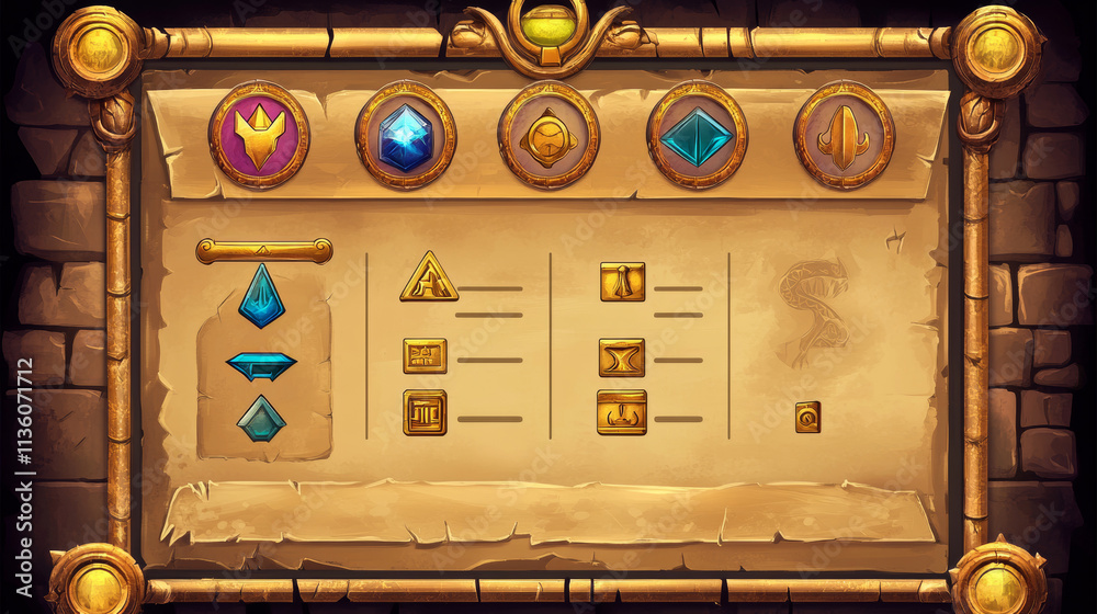 Egypt ui game interface vector button icon set. Egyptian gui menu ...