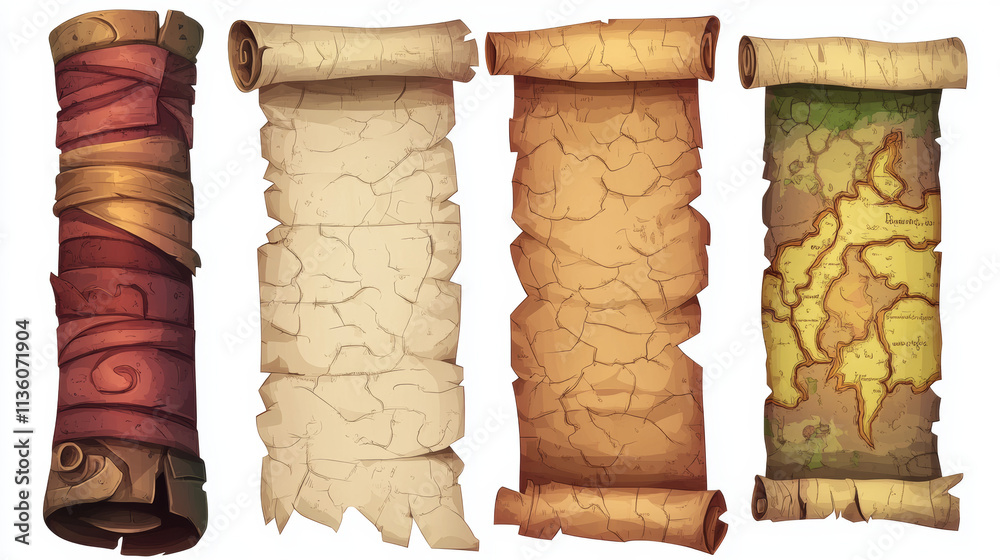 Set of ancient parchment rolls isolated on white background. Cartoon ...