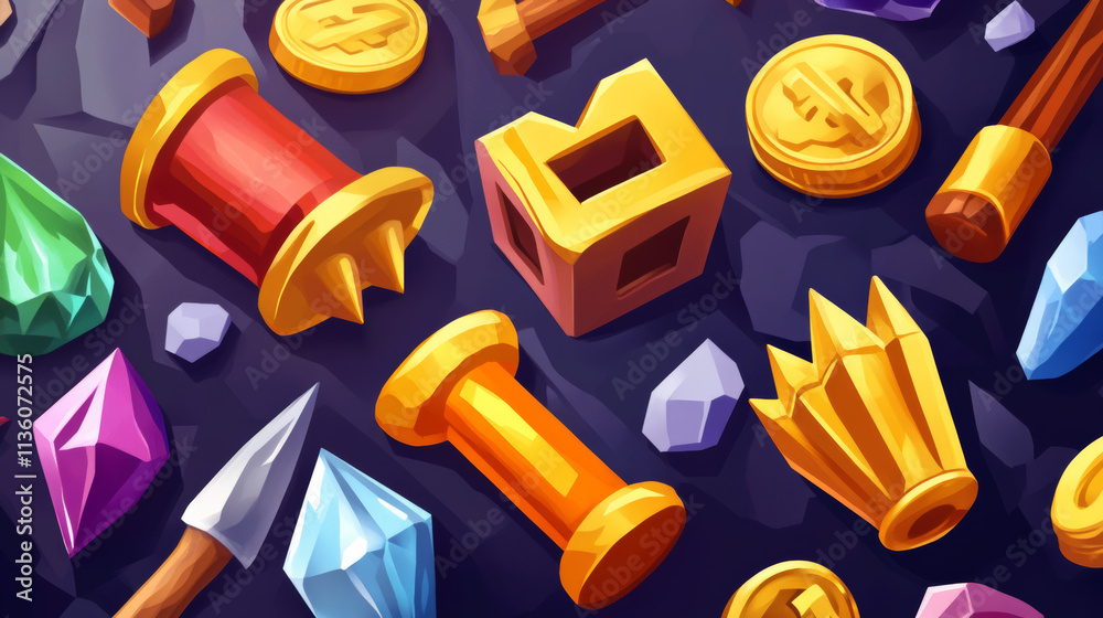 Game mining props icons dynamite, golden crowns, coins, money bag ...