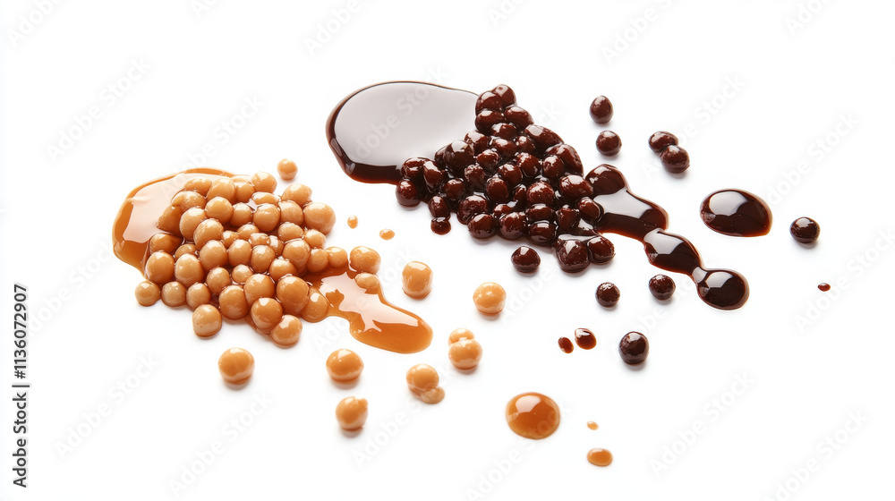 Spill soy or teriyaki hot sauces puddles and drippings. Isolated brown ...
