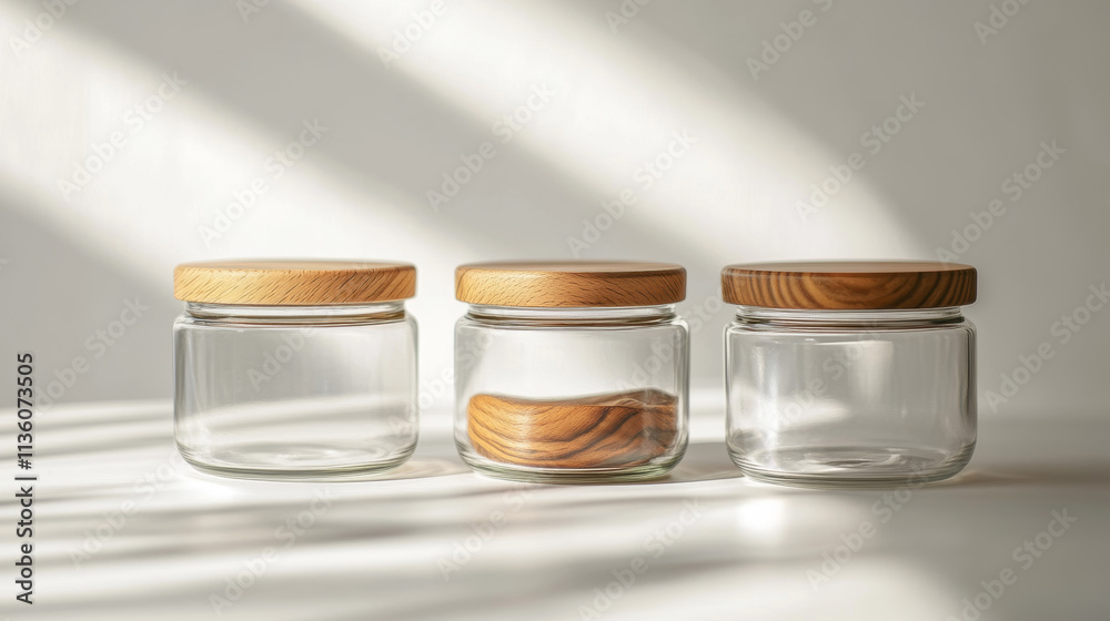 Glass transparent low and high jar mockup closed with wooden and metal ...