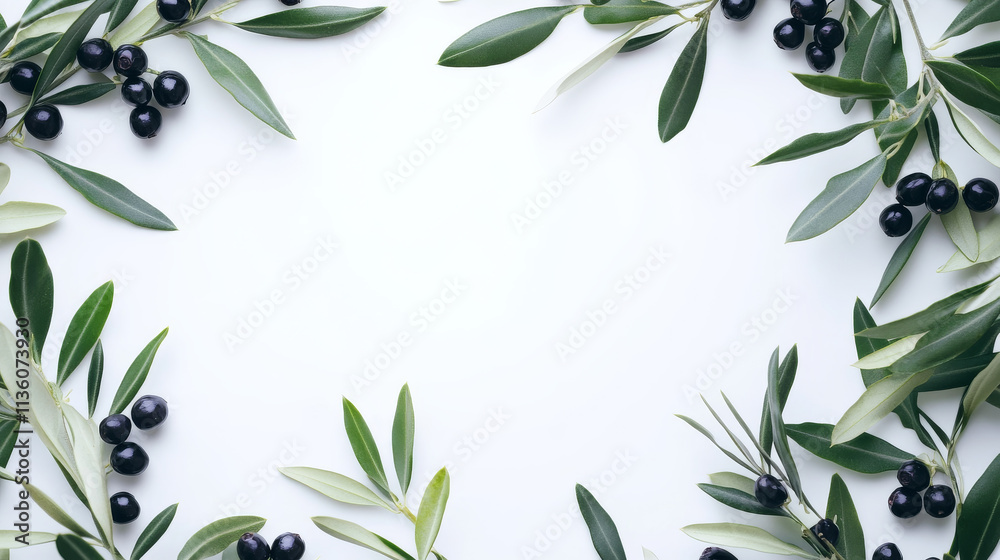 Round frames of realistic olive branches with black berries and green ...