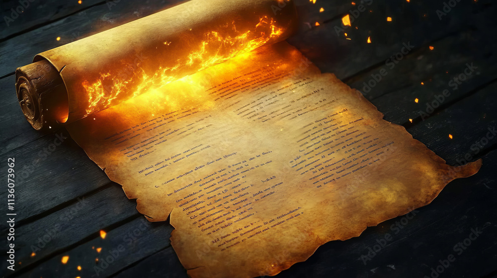 Magic parchments, ancient mystic spells, papyrus scrolls with glow ...