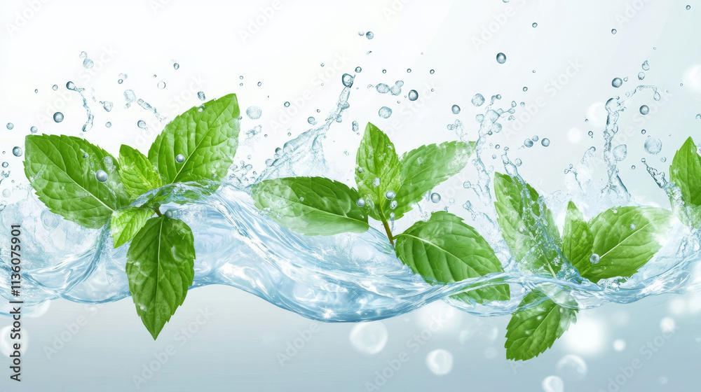 Water splashes with menthol or mint leaves. Dynamic motion of pure ...