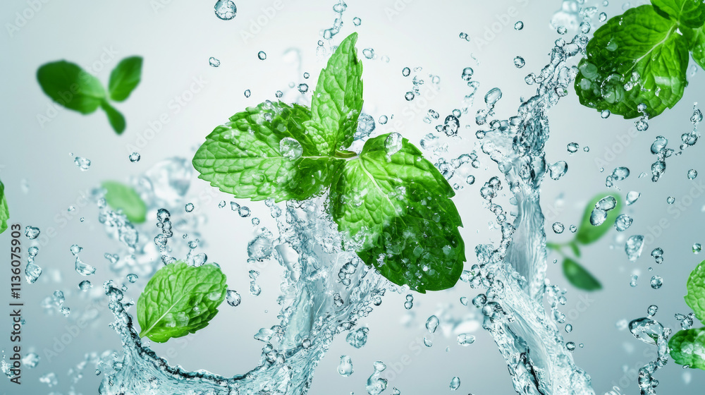 Water splashes with menthol or mint leaves. Dynamic motion of pure ...