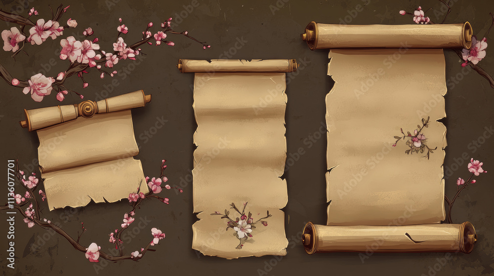 Parchment scroll for game ui design. Cartoon vector illustration set of rolled empty old papyrus ...