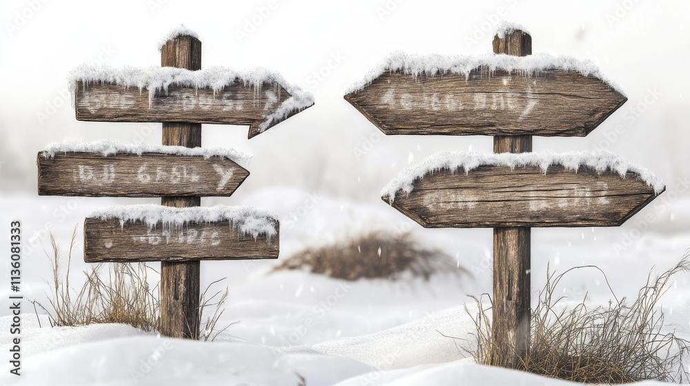 Realistic set of wooden signboards covered with snow. Vector ...
