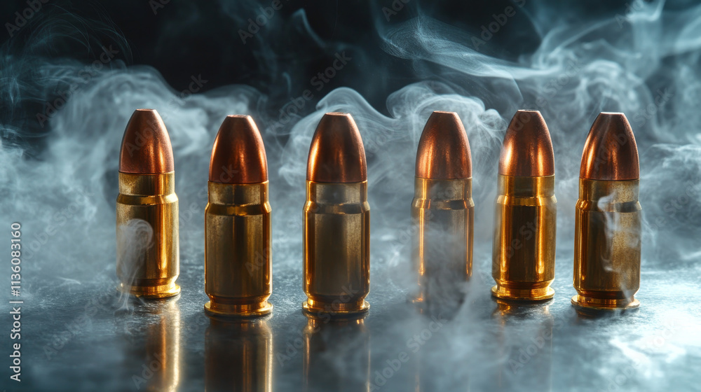 Flying bullets with smoke traces from gun shot. Vector realistic set of ...