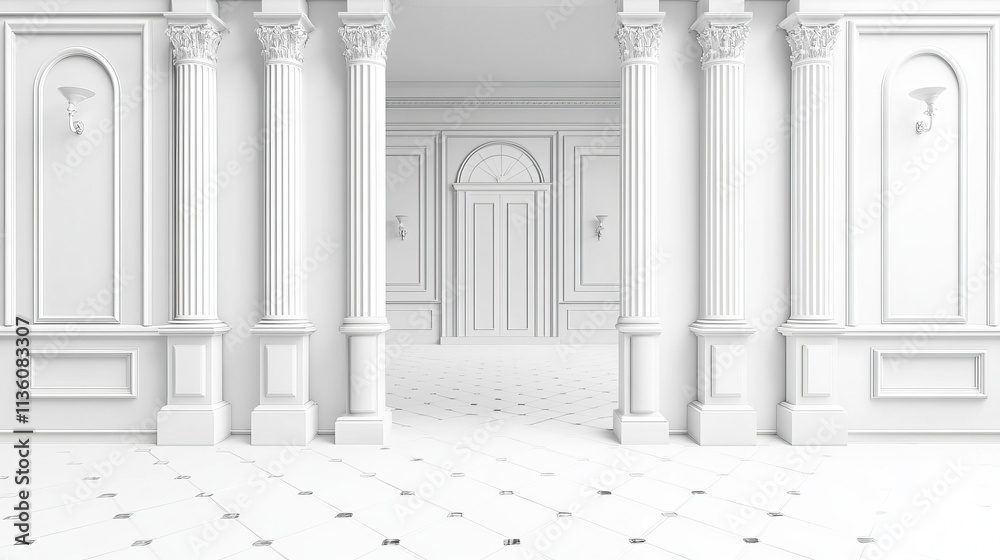 Arches with columns and illuminated blank signboards in wall ...