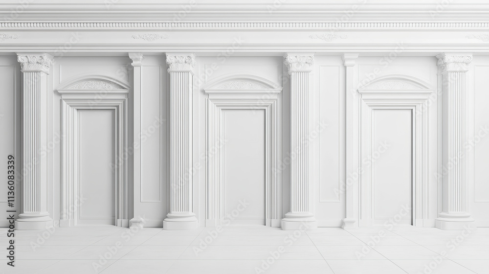 Arches with columns and illuminated blank signboards in wall ...