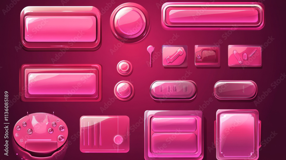 Glossy pink boards with buttons for game interface design. Vector ...