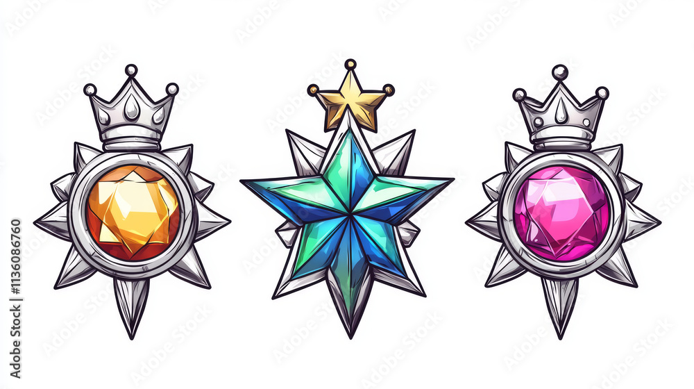 Shield shape badge with star, silver frame, gemstones and crown ...