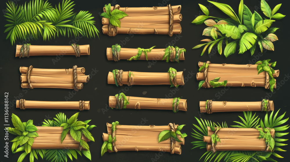 Stock-Illustration „Wood pointer bamboo game ui frame vector. Direction arrow sign board on ...