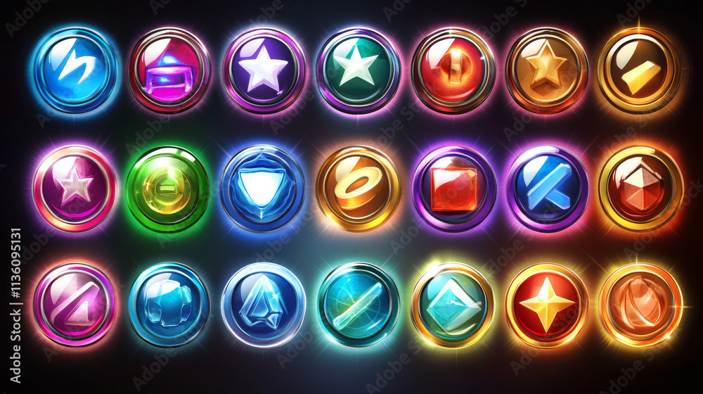 Level up game ui badges with arrow, ribbon and sign. Cartoon vector set ...