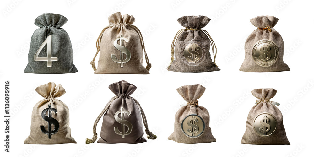 Money Bags with Symbols and Numbers for Financial Concepts, PNG ...