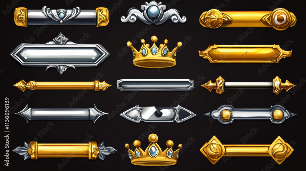 Royal game buttons animation set. Vector cartoon illustration of golden ...