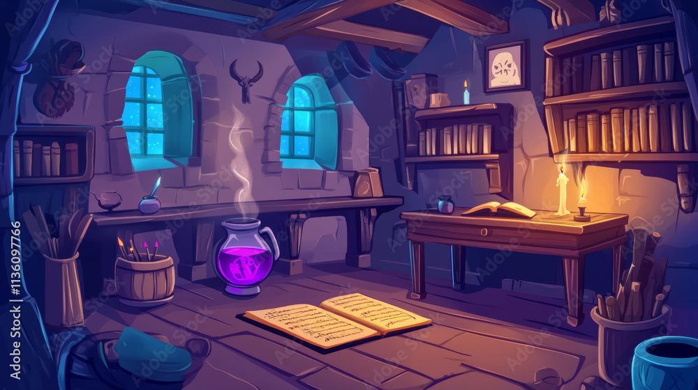 Wizard magic school room with witch book, potion cartoon vector set ...