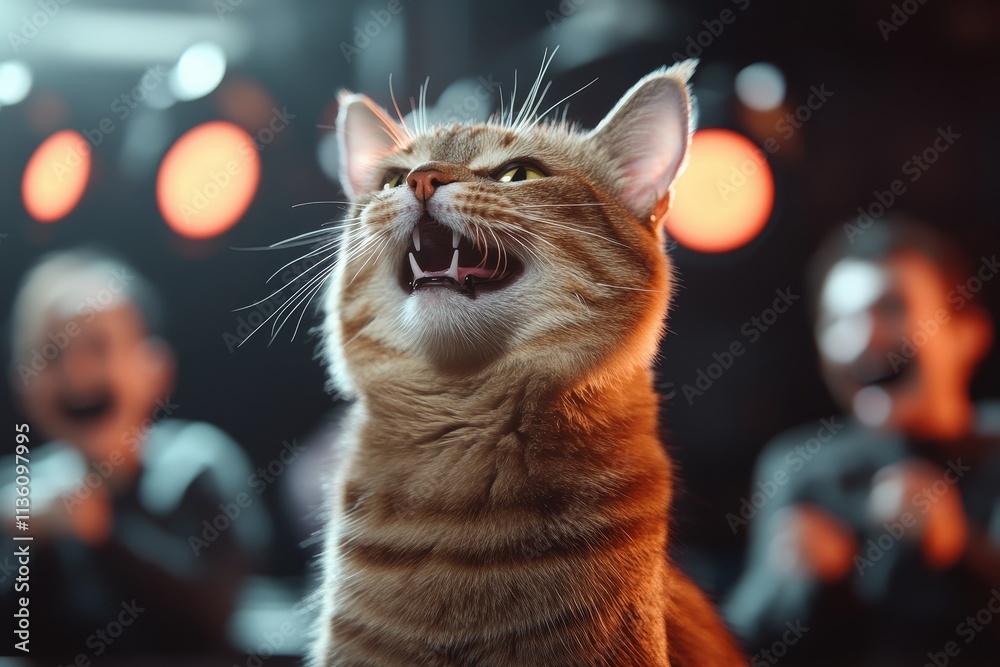 Holographic Cat Performing Stand-Up Comedy Routine in a Lively Venue ...