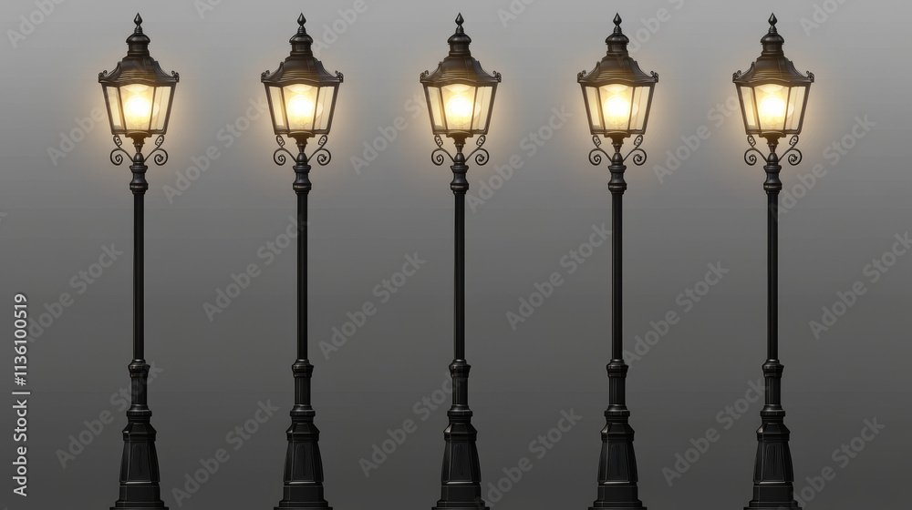 Vintage street lights, retro lampposts for urban lighting. City ...