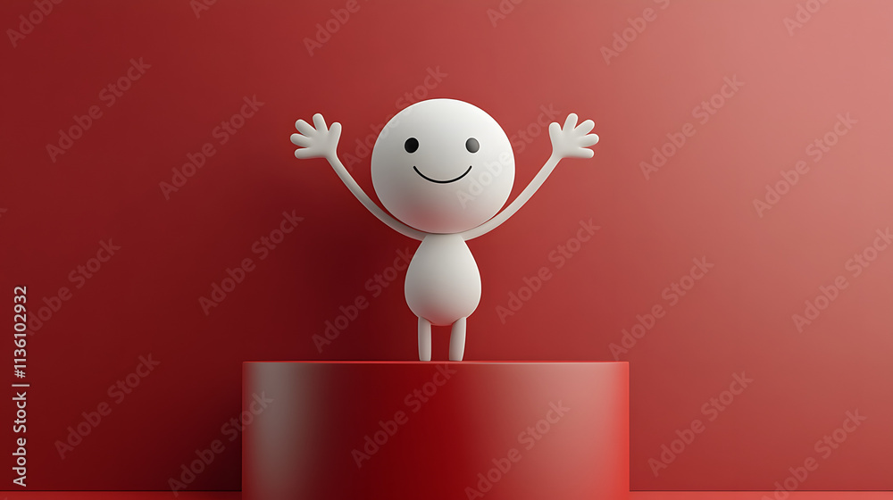 3D white icon of a happy cartoon stick figure standing with arms wide ...