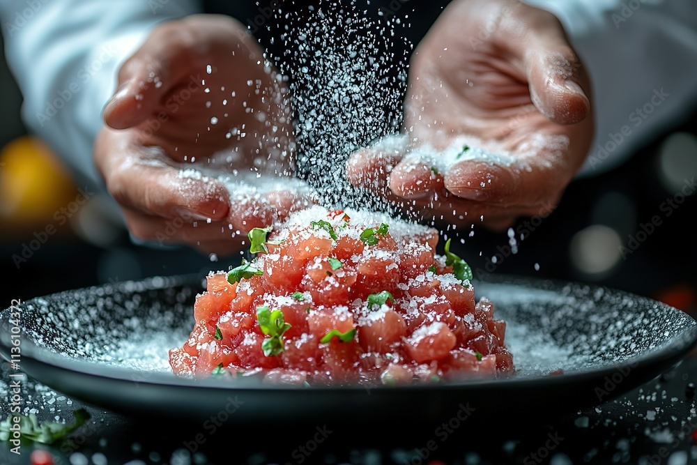 Chef adds finishing touch of salt to a vibrant dish. Culinary arts ...