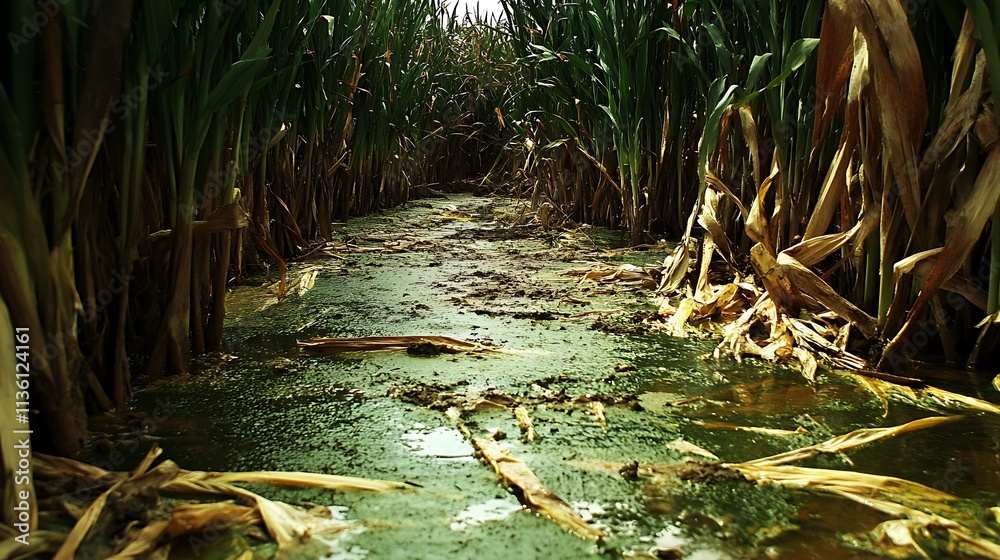 A farm where chemical runoff has caused soil pollution, with dead zones ...