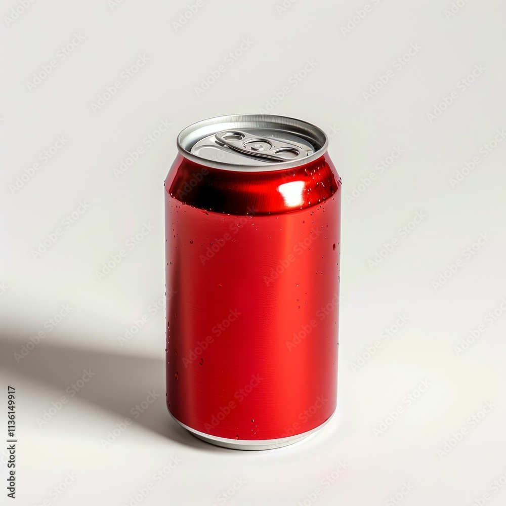 Bright red aluminum can glistening with condensation droplets ...