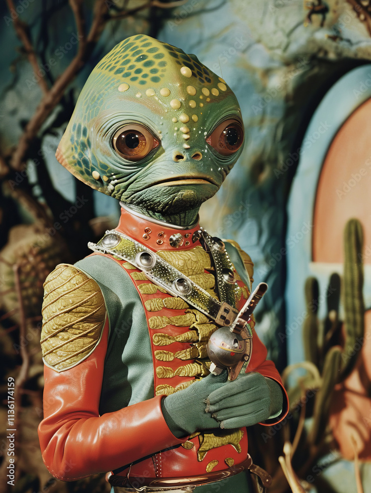 Retro 1960s 1950s style vintage space alien little green man on another ...
