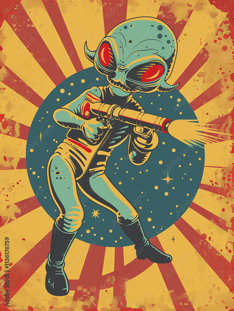 Retro 1960s 1950s style vintage space alien little green man with ray ...