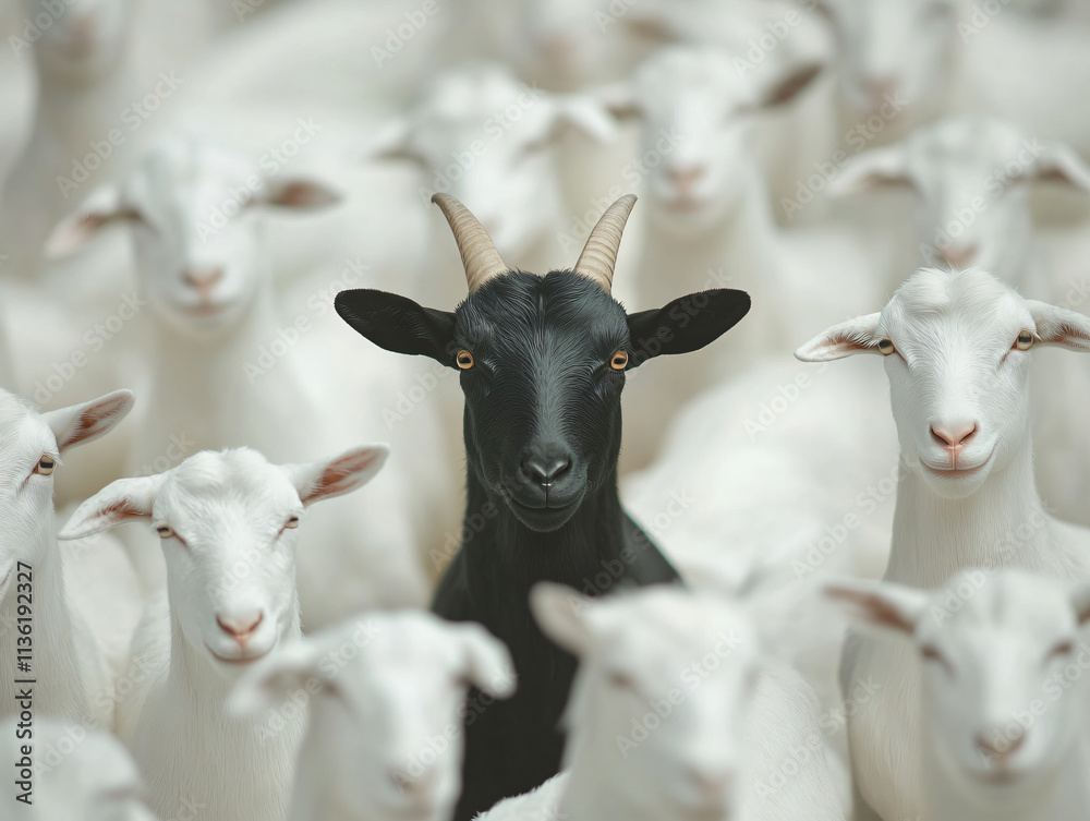 Conceptual Black White Goat Unique Contrast Herd Standing Out Diversity ...