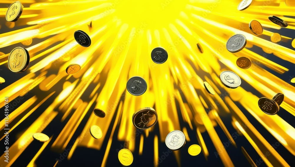 Golden coins, radiant sunburst background, falling money, dynamic ...