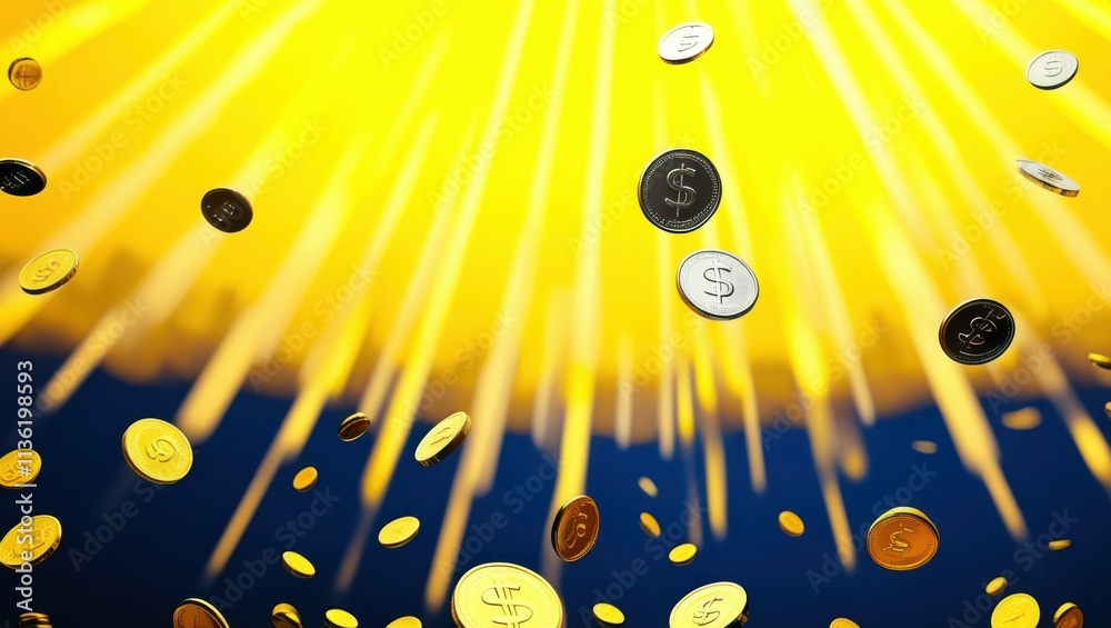 Golden coins, radiant sunburst background, falling money, dynamic ...