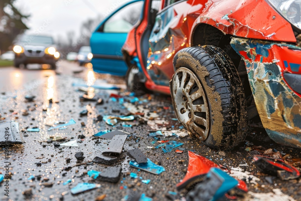 Car Crash on a Wet Street, Wreckage and Debris Scattered, Aftermath of ...