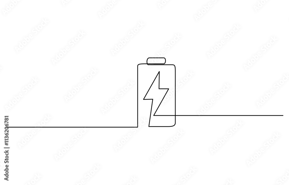 One continuous line drawing of battery charging. Lightning bolt symbol ...