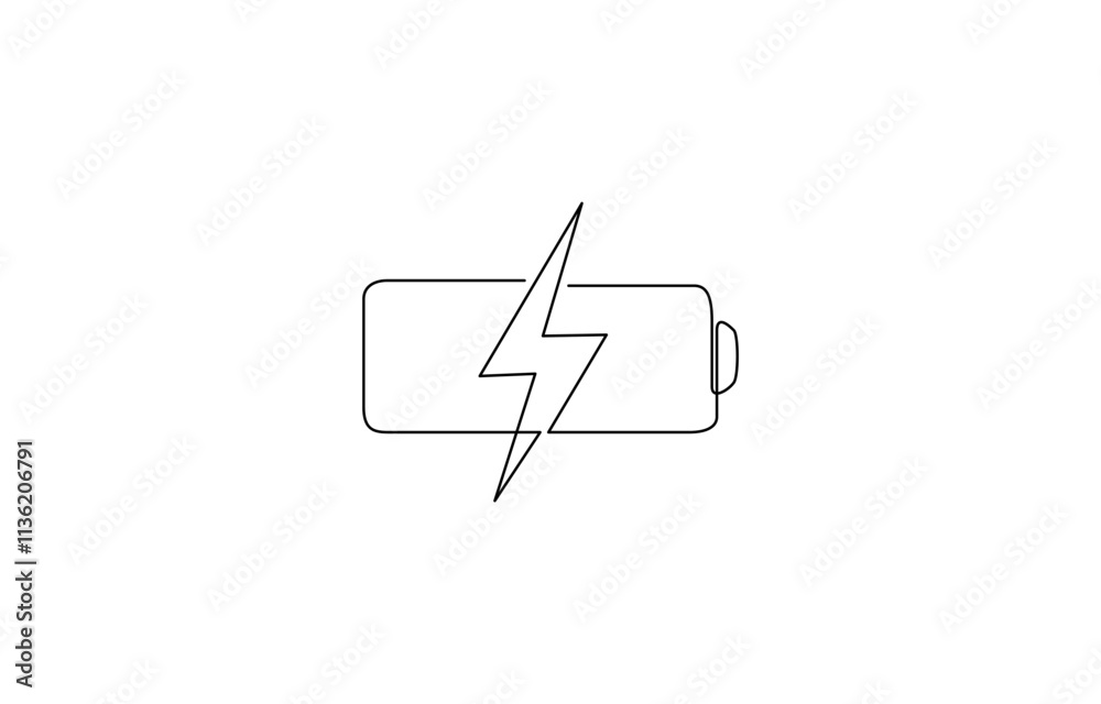 One continuous line drawing of battery charging. Lightning bolt symbol ...