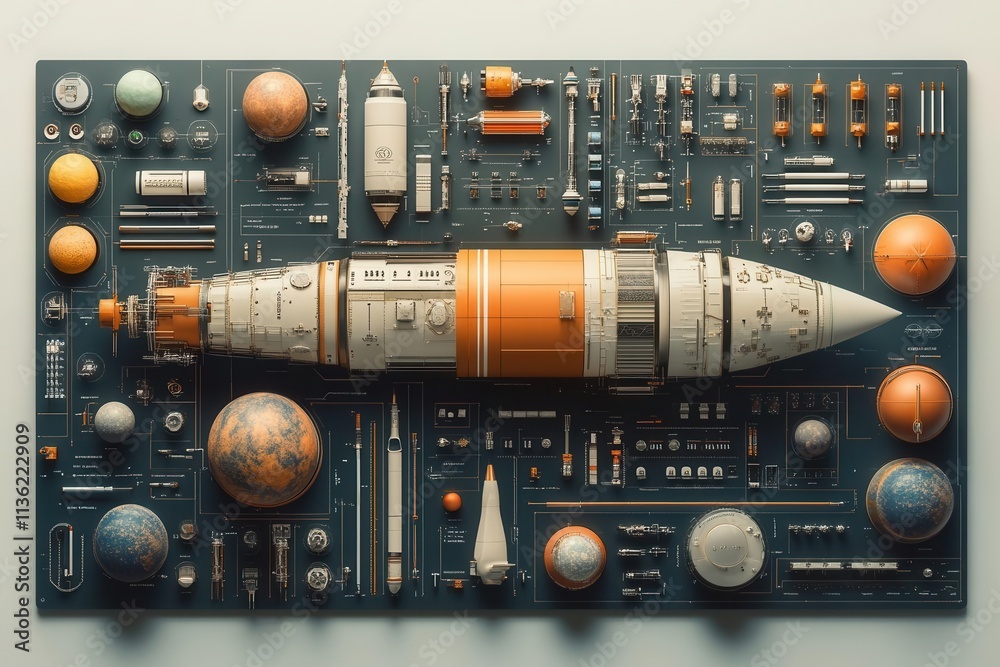 Spacecraft and missions board flat design side view planetary ...