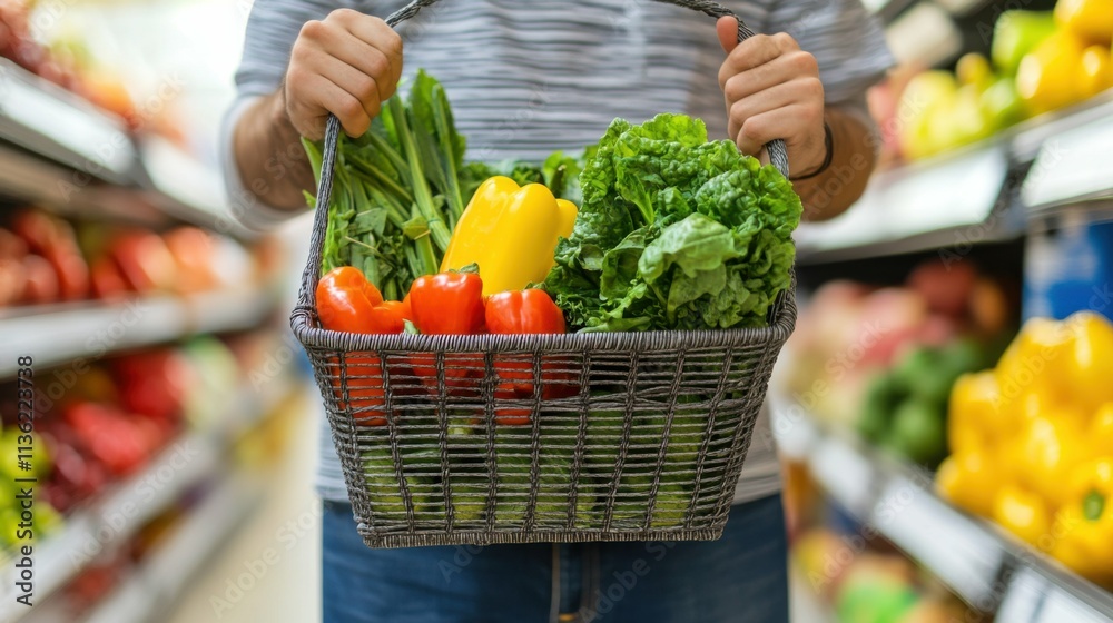man holding a basket of fresh vegetables, focus on healthy choices ...