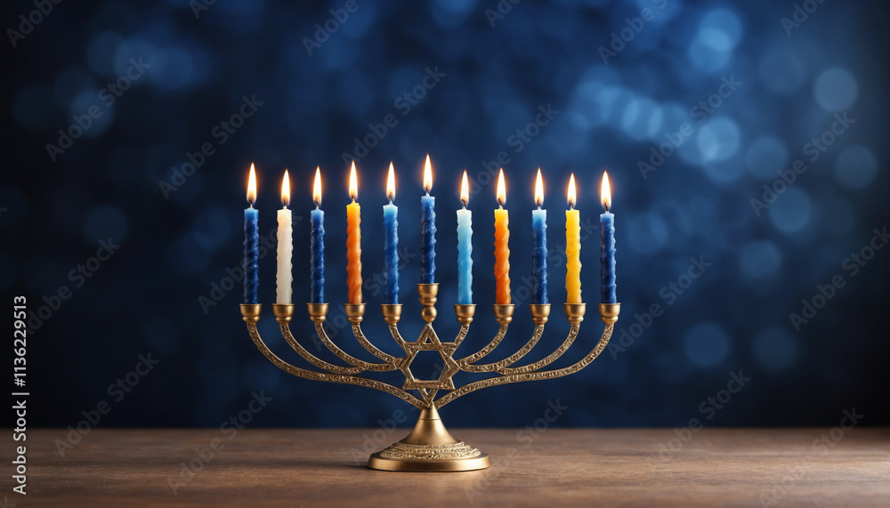 Hanukkah Menorah with Candles on the Table Isolated Against Blue Bokeh ...