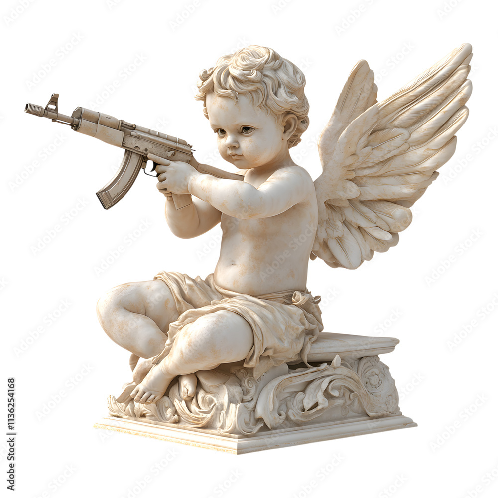 cherub statue holding AK 47, blending innocence and danger Stock Photo ...