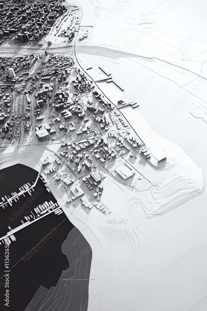 3D LiDAR GIS map of an urban coastal area featuring elevation docks and ...