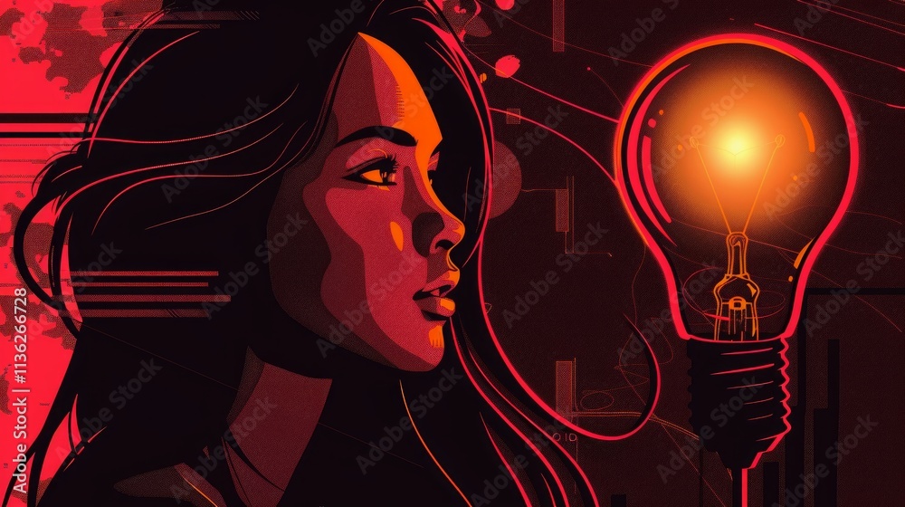 Stylized futuristic vector illustration of a woman's face and glowing ...
