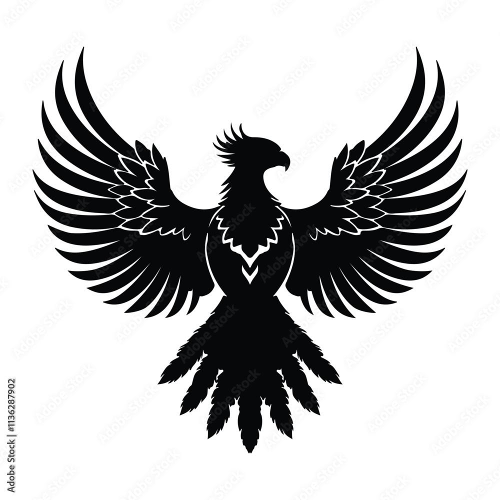 Black silhouette of phoenix Clipart, Front view fire phoenix silhouette ...